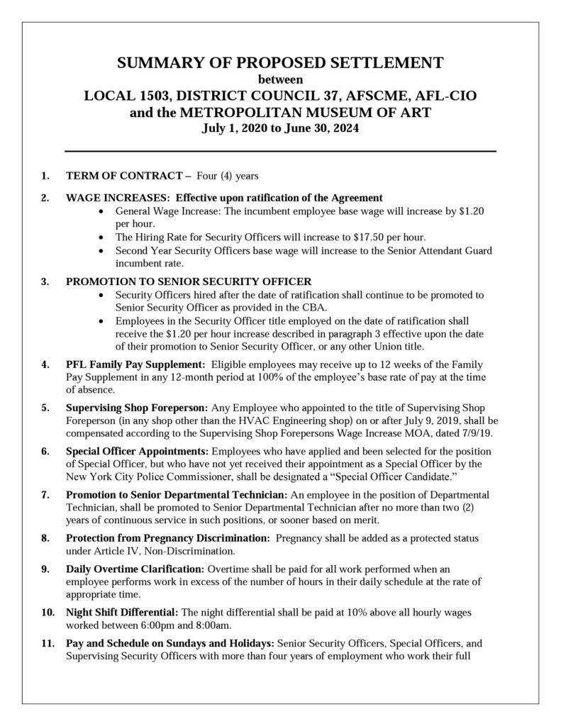 Summary of Proposed Settlement July 1,2020 – June 30,2024 – Local 1503