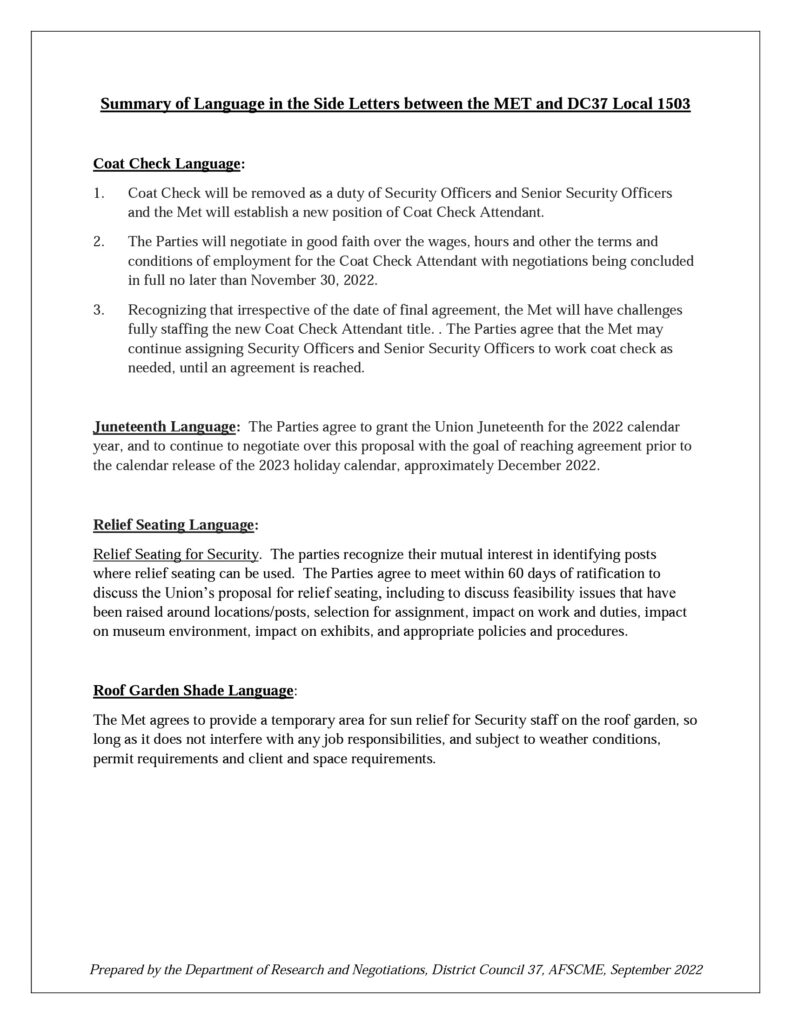 Summary of Language in Side Letters – Local 1503